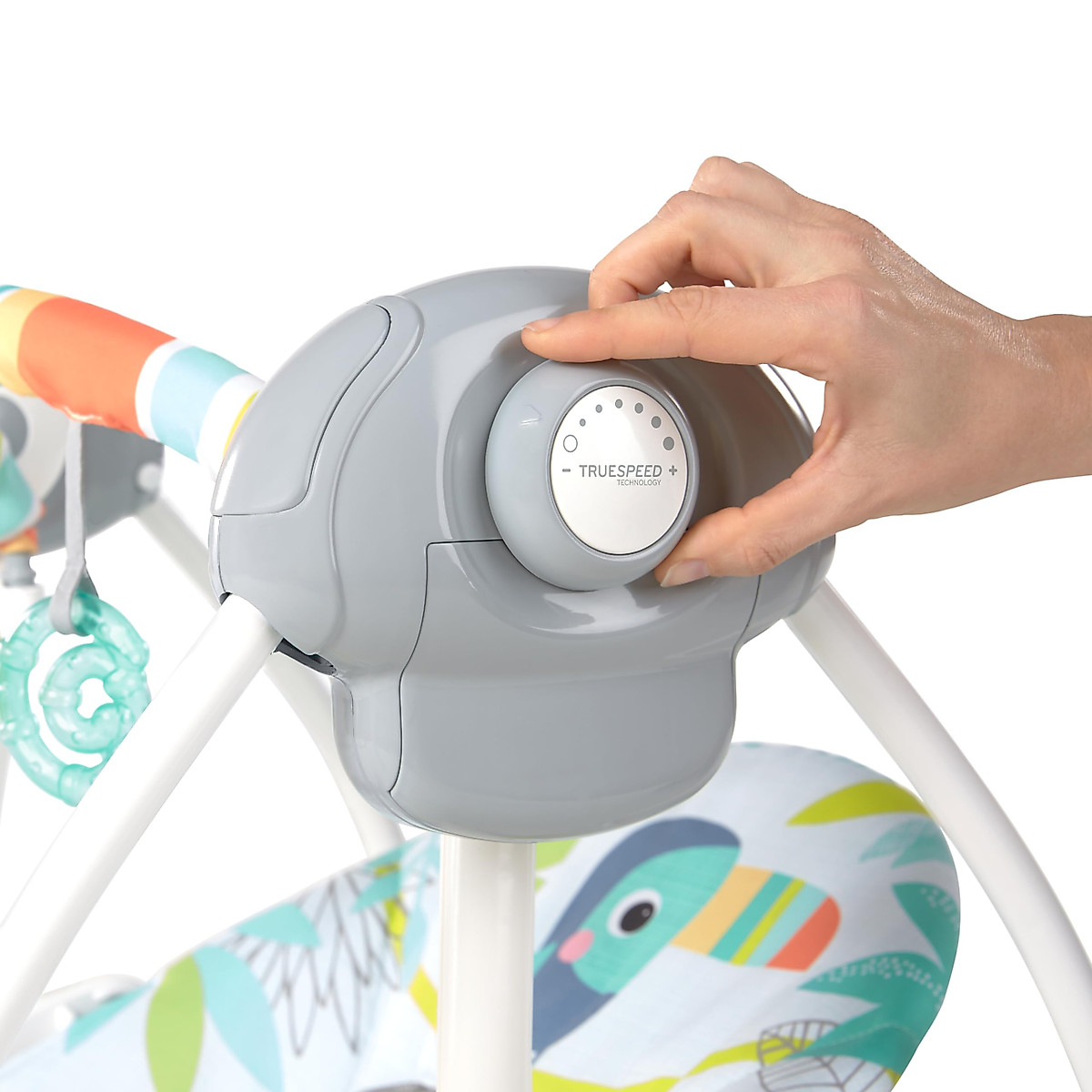 Bright Starts Portable Automatic 6-Speed Baby Swing with Removable -Toy Bar, 0-9 Months 6-20 lbs (Rainforest Vibes)