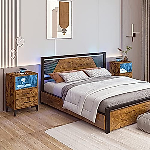 LYNCOHOME Nightstand with Wireless Charging Station and LED Lights, Modern End Table with 2 Drawers and Open Storage for Bedroom, Brown