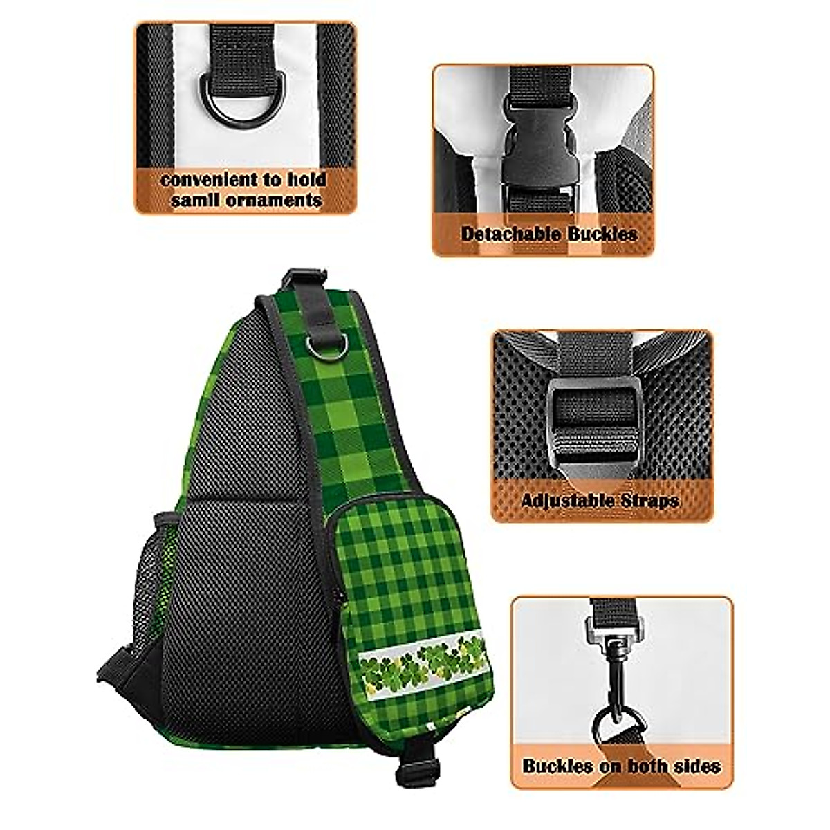 Sling Backpack, St. Patrick's Day Lucky Clover Green Buffalo Plaid Waterproof Lightweight Small Sling Bag, Travel Chest Bag Crossbody Shoulder Bag Hiking Daypack for Women Men