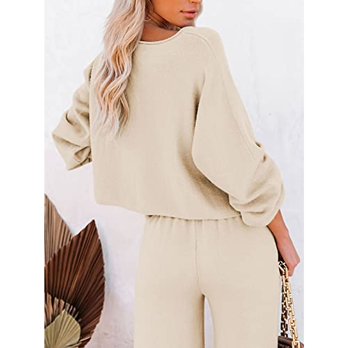 Pink Queen Women's 2 Piece Knit Sweatsuit Puff Sleeve Cropped Sweater Top and Long Pants Tracksuit Lounge Set Beige XL