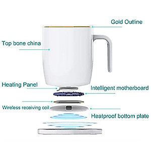 Wireless Coffee Cup Mug Warmer Heater top Bone China Cup Mug Warmer Wireless Charger Temperature Control Mug Heater Automatic Warmer Mug Cup USB Powered Warmer Cup for Cocoa,Milk,Tea 280ml