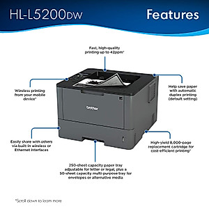 Brother HL-L5200DW Wireless Monochrome Single-Function Laser Printer - Print only - 42 ppm, 1200 x 1200 dpi, Auto Duplex Printing, 8.5" x 14", 256MB Memory, Ethernet, 1-line LCD