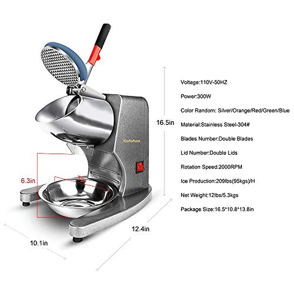 Ice Shaver,Electric Ice Crusher,Snow Cone Maker For Commercial&Home,Dual Stainless Steel Blades Shaved Ice Machine,216Lbs/H,Dual Lips&Higher Ice Outlet For Plates,Bowls And Cups,300W/2000RPM.