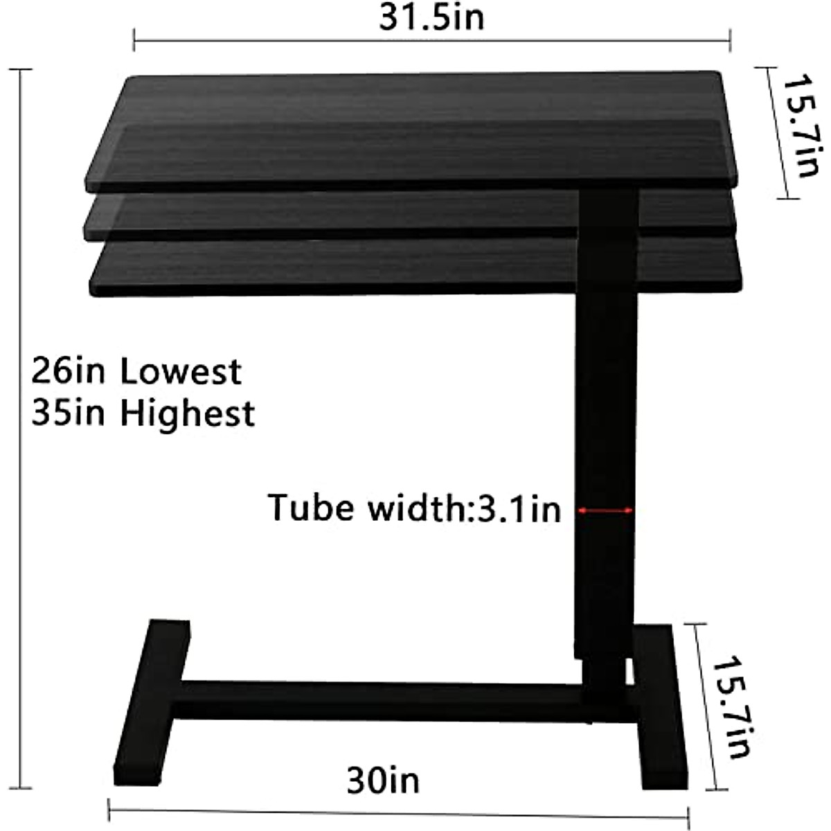 Erinaik Adjustable Height Overbed Table, Large Medical Bedside Desk with Hidden Casters, 31.5" L x 15.7" W, Mobile Tray Table for Hospital, Office, Home, Study Use