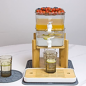 KCGANI Water Beverage Dispenser Stand with Silicone Pad, Counter Bamboo Stand, Drinking Water Crock Base, Plant Floor Stand, Glass Beverage Stand for Drinks, Party, 2 Tiers, 8.5" in Width (Brown)