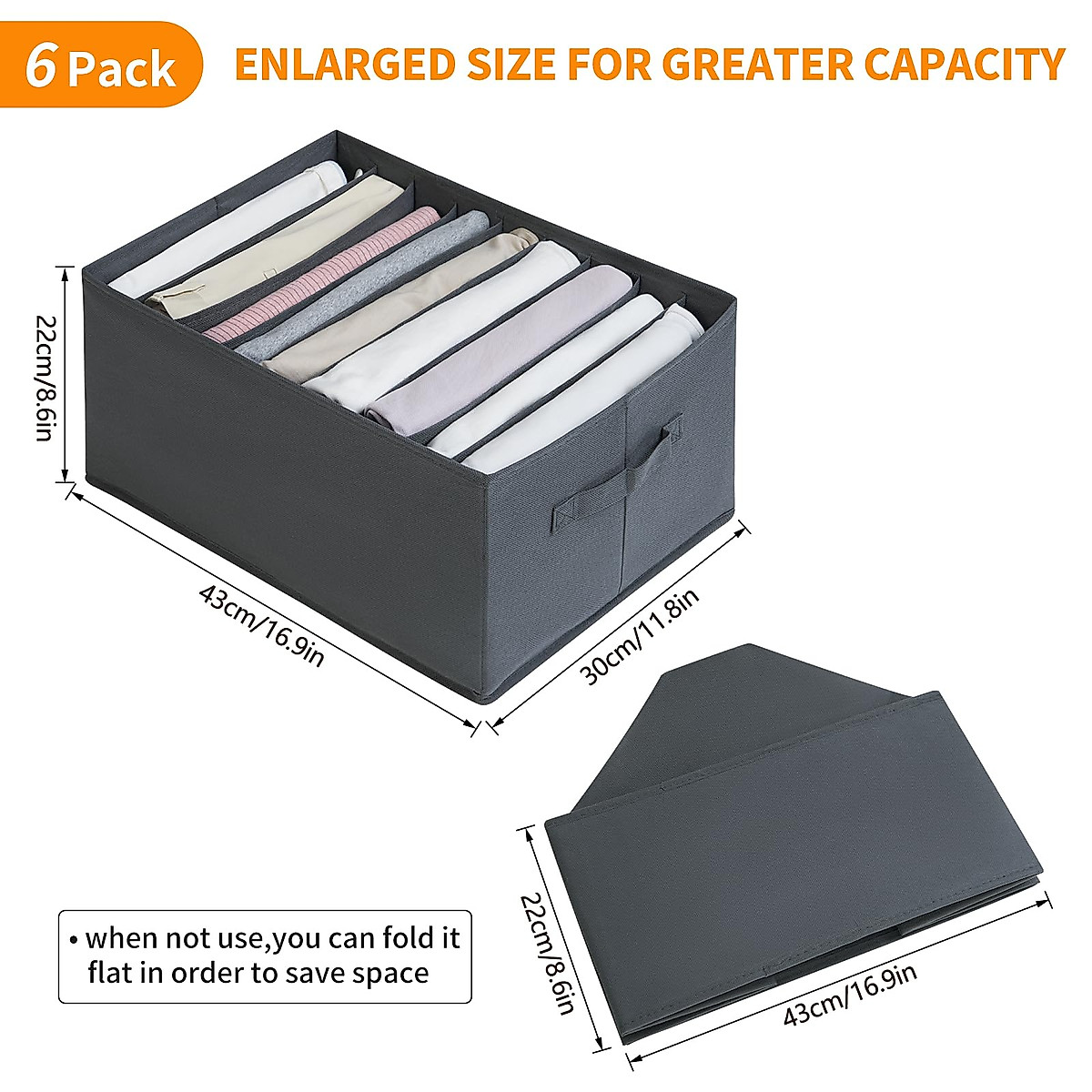 BIGLUFU 6 Packs Wardrobe Clothes Organizer for Folded Clothes, 9 Grids Foldable Dresser Closet Organizers and Storage, Drawer Organizers for Clothing with Handles for Jeans, Sweater, Dress, Grey