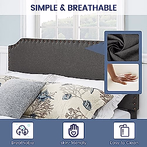 GAOMON Queen Bed Frame with Headboard Adjustable Upholstered Bed Frame Queen Size with Nailhead Trim Headboard, Mattress Foundation, Strong Wood Slat Support, No Box Spring Needed, Dark Grey