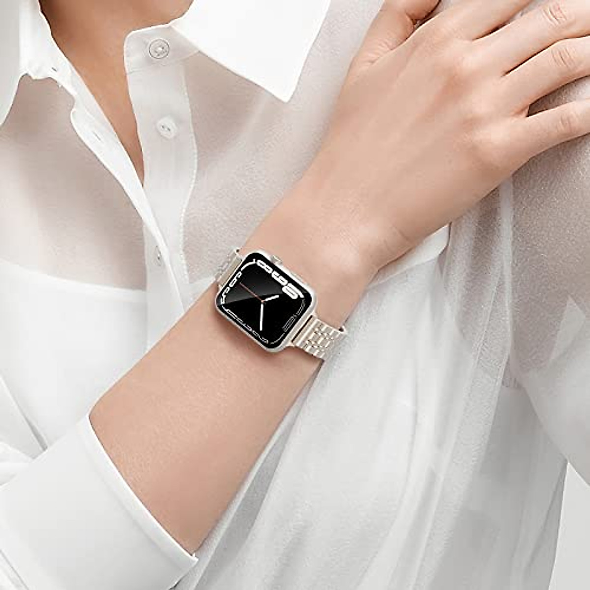 Aicumuza Slim Metal Watch Bands Compatible With Apple Watch 41mm 40mm 38mm, Starlight Thin Stainless Steel Chain Link for Women iWatch Series 8, Series 7/SE/Ultra/6/5/4/3/2/1 (38/40/41mm, Starlight)