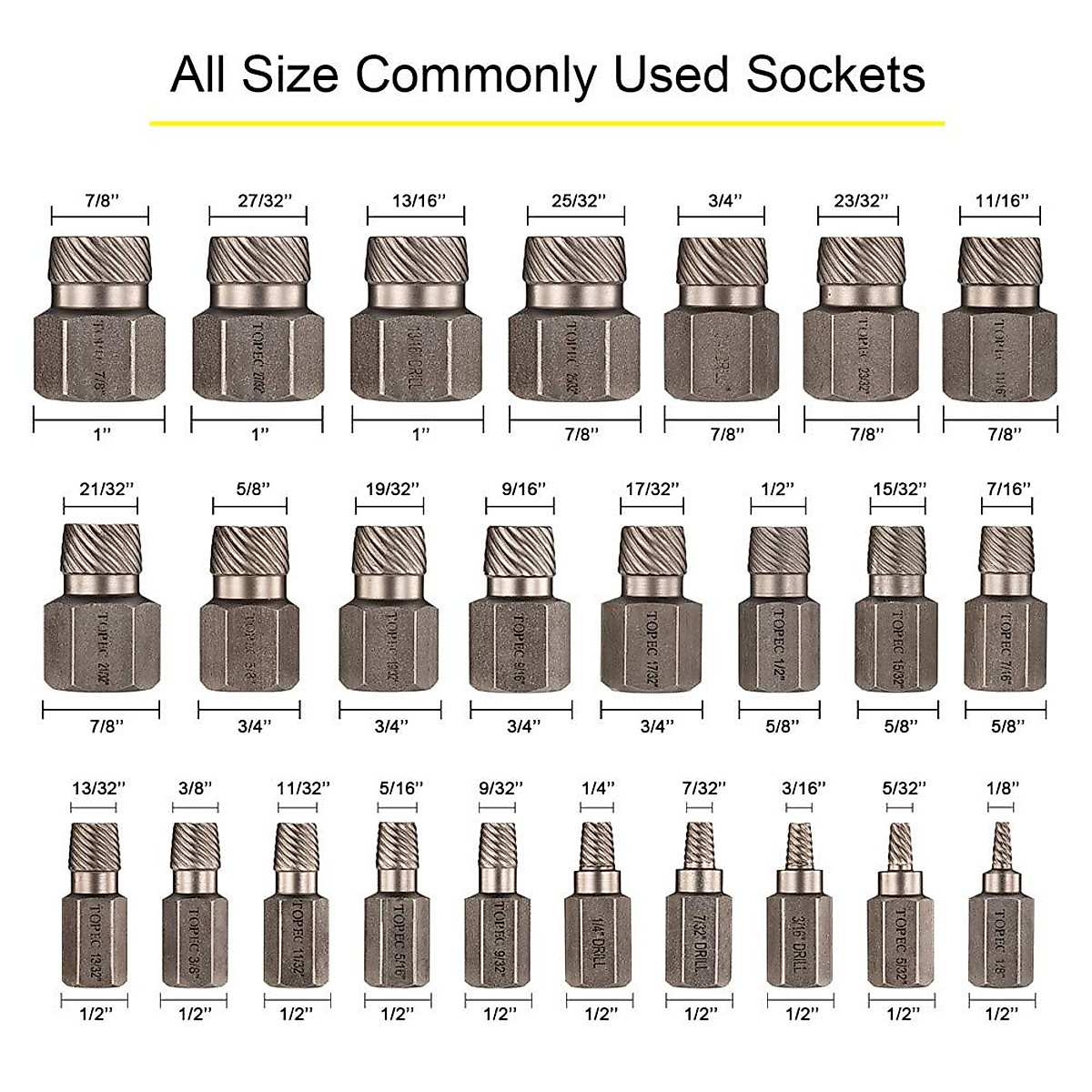 Topec 25Pcs Screw Extractor Set, Hex Head Multi-Spline Easy Out Bolt Extractor Set, Premium High Carbon Steel Rounded Bolt Remover