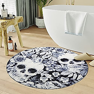 GEVES Black Skull Round Area Rug Turquoise Floral Rugs for Bedroom Kids' Room Living Room Bathroom 3ft Carpet Accent Throw Rugs Indoor Use Non-Slip Easy to Clean