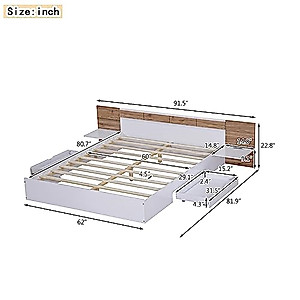 DaiNNCN Platform Bed Frame Queen Size with Storage Drawers,Headboard with Shelves and USB Ports and Sockets,White