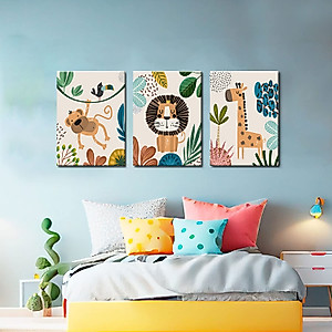 AKWISH 3Pcs Framed Safari Animals Canvas Wall Art Prints Picture Boy Girl's Kids RoomWall Decor for Classroom Shower Theme Decorations Nursery Baby Children's Room Bedroom Ready to Hang (12"x16"x3)