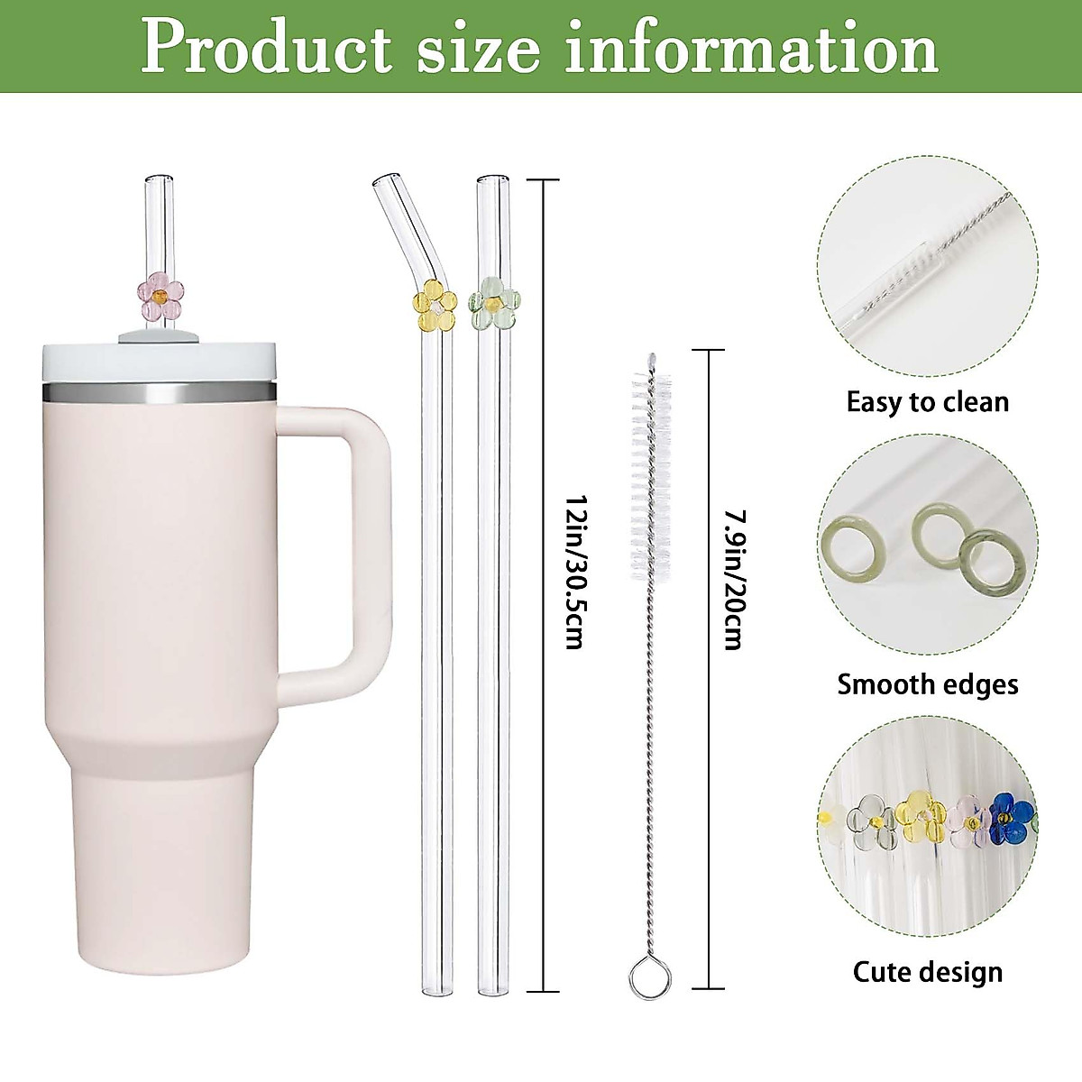 DUMING-IN 6 Pack Replacement Glass Straws for Stanley 40 oz 30 oz Tumbler, Cute Flower Glass Straws with Charms, Stanley Straw with Cleaning Brush Stanley Cup Accessories