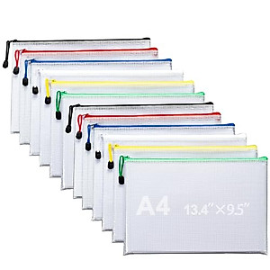 12-Pack Mesh Zipper Pouch Bags | A4 Zippered Pouches with Lanyard Design Perfect for Organizing & Protecting Documents and Items | Waterproof Zip Bags for Storage, Toy & Travel | 6 Colors Available.
