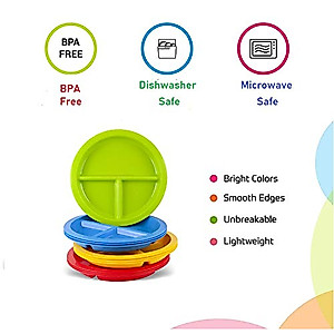 Plaskidy 3 - Compartment Divided Plates for Kids - Set of 12 Plastic Children Trays for Eating with Dividers - 4 Bright Colors (3 of Each Color) Dishwasher Microwave Safe BPA Free for Toddler and Kids