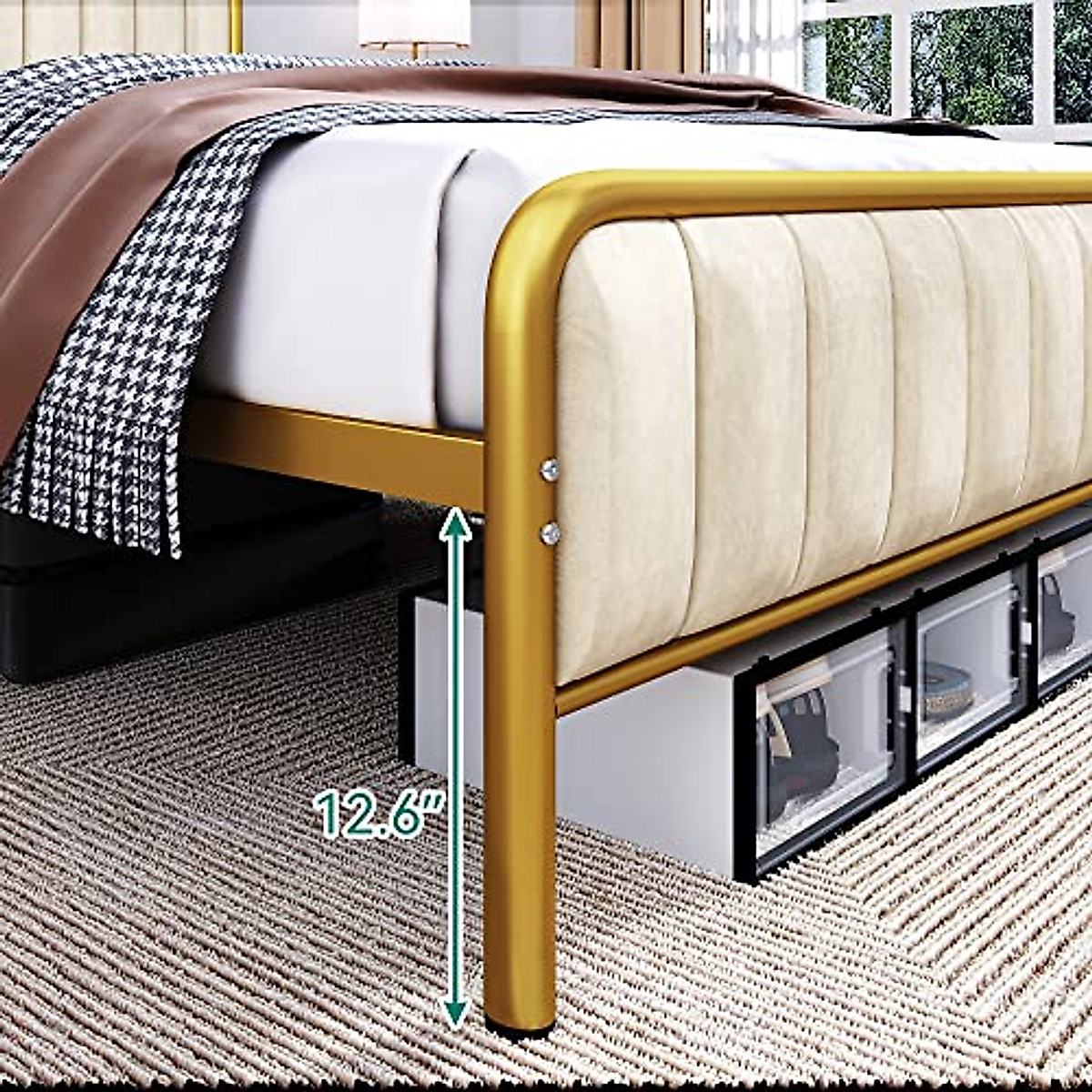 YITAHOME Queen Size Bed Frame, Velvet Bed Frame with Upholstered Headboard, Strong Metal Slats Support Platform Bed, No Box Spring Needed, Gold & Beige