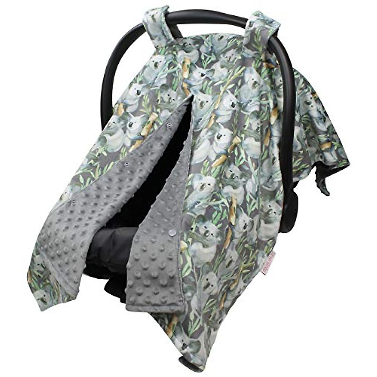 Baby Car Seat Canopy Cover - Bamboo Koala Bears with Grey Minky Dot