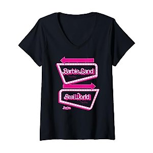 Barbie The Movie - Barbie Land Real World This Way Signs V-Neck T-Shirt