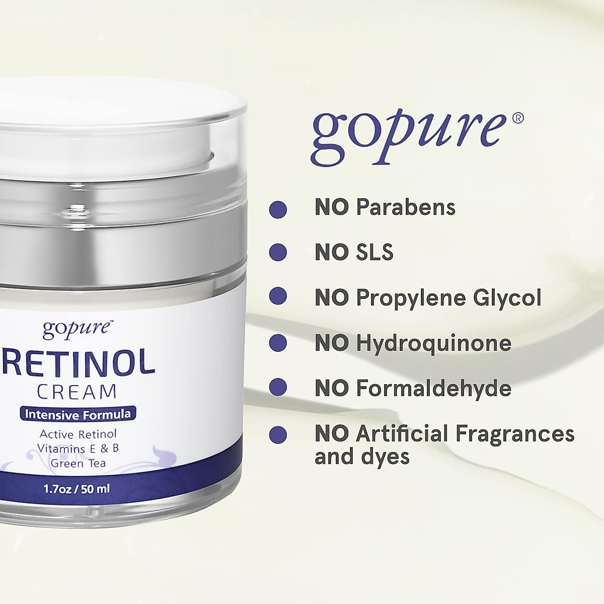 goPure Retinol Face Cream - Night Cream Anti Wrinkle & Face Moisturizer For Women - Retinol Cream for a Youthful-Looking Glow, 1.7oz.