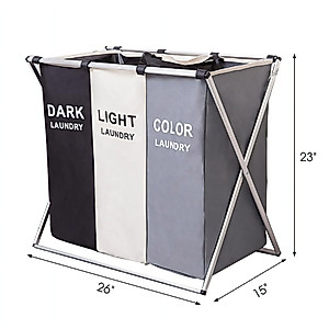 Timoau Laundry Basket - Waterproof Clothes Hamper with 3 Sections, Foldable Laundry Sorter Basket Bin w/Aluminum Frame, Laundry Hamper Ideal for Bathroom, Bedroom, Dorm