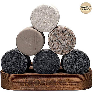 Whiskey Stones & Premium Crystal Nosing Glass Gift Set - 6 Handcrafted Granite Round Sipping Rocks - Tumbler for Whiskey, Scotch, Bourbon Tasting - Hardwood Presentation Tray - Gold Foil Box by Rocks
