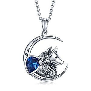 SVODEA Crescent Moon Star Necklace for Women,925 Sterling Silver Created Blue Cubic Zirconia Wolf Pendant Necklaces,Animal Wolf Jewelry Gifts for Women