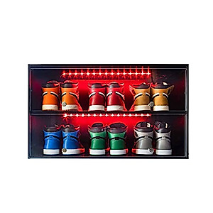 Veemuaro Shoe Storage Box, Wooden Stackable Shoe Storage Box with Sliding Glass Door, Shoe Organizer Storage Box with RGB Led Light for Up To 6 Pairs of Shoes, Shoe Storage Bin For Display Sneakers