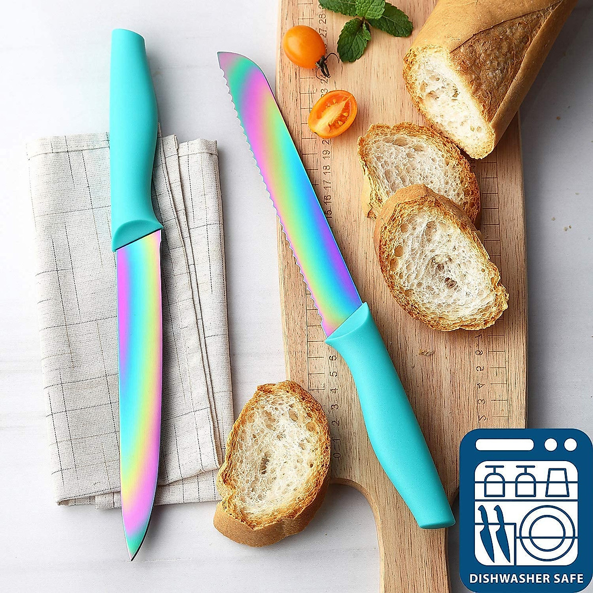 KYA27 Kitchen Knives Set with Wooden Block+ KYA52 Rainbow Kitchen Utensils Set+ KYA55 Rainbow Titanium Long Handle Spoons PACK of 8