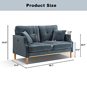 ARUGOU 56.7" W Loveseat Sofa, Love Seat Couch with USB Charge Port and 2 Pillows, Comfortable Thickness Cushion and Waterproof Fabric, Easy to Install 2 Seat Couches for Living Room, Bedroom (Blue)