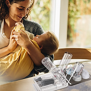 6 in 1 Bottle Cleaning Brush Set with Silicone Bottle Brush, Nipple Brush, Straw Brush, Soap Dispenser, Drying Rack for Baby Bottle and Water Bottle, Space Saving Baby Essentials for Home and Travel