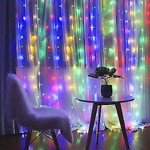 Solar Curtain String Lights Outdoor, AMZSTAR Waterproof 300LED Fairy Window String Lights Twinkle Solar Lights 8 Modes Wedding Party Home Garden Bedroom Outdoor Indoor Wall Decorations (Multicolor)