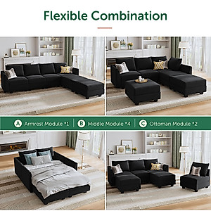 HONBAY Modular Sectional Sofa Convertible U Shaped Couch with Reversible Chaise Velvet Modular Sofa Sectional Couch with Storage Ottoman, Black
