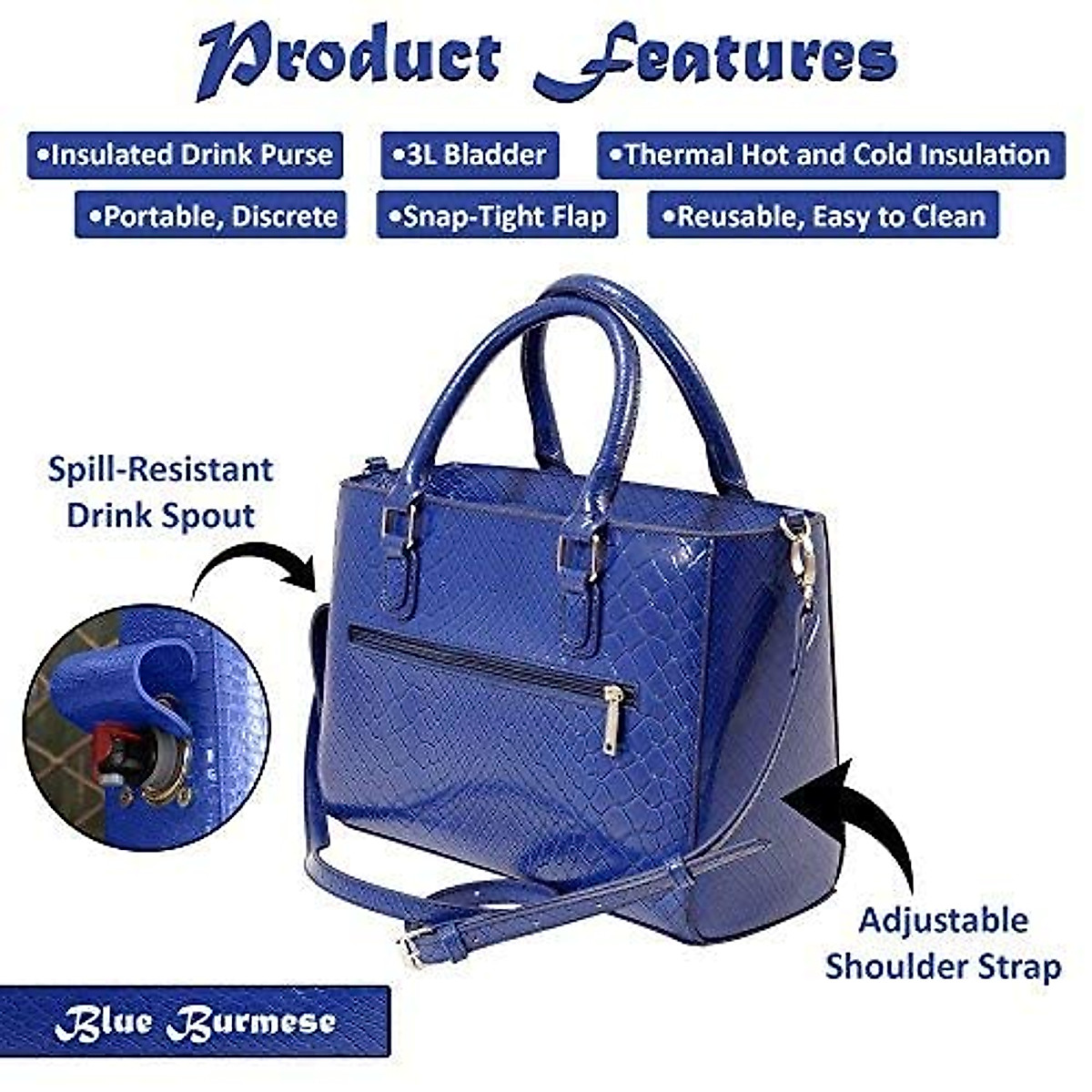 Primeware Insulated Drink Purse w/ 3L Bladder Bag | Thermal Hot and Cold Storage | Portable Drinking Dispenser for Wine, Cocktails, Beer, Alcohol | PU Leather Finish (Blue Burmese)