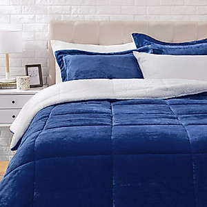 Amazon Basics Ultra-Soft Micromink Sherpa 3-Piece Comforter Bed Set, King, Navy Blue, Solid