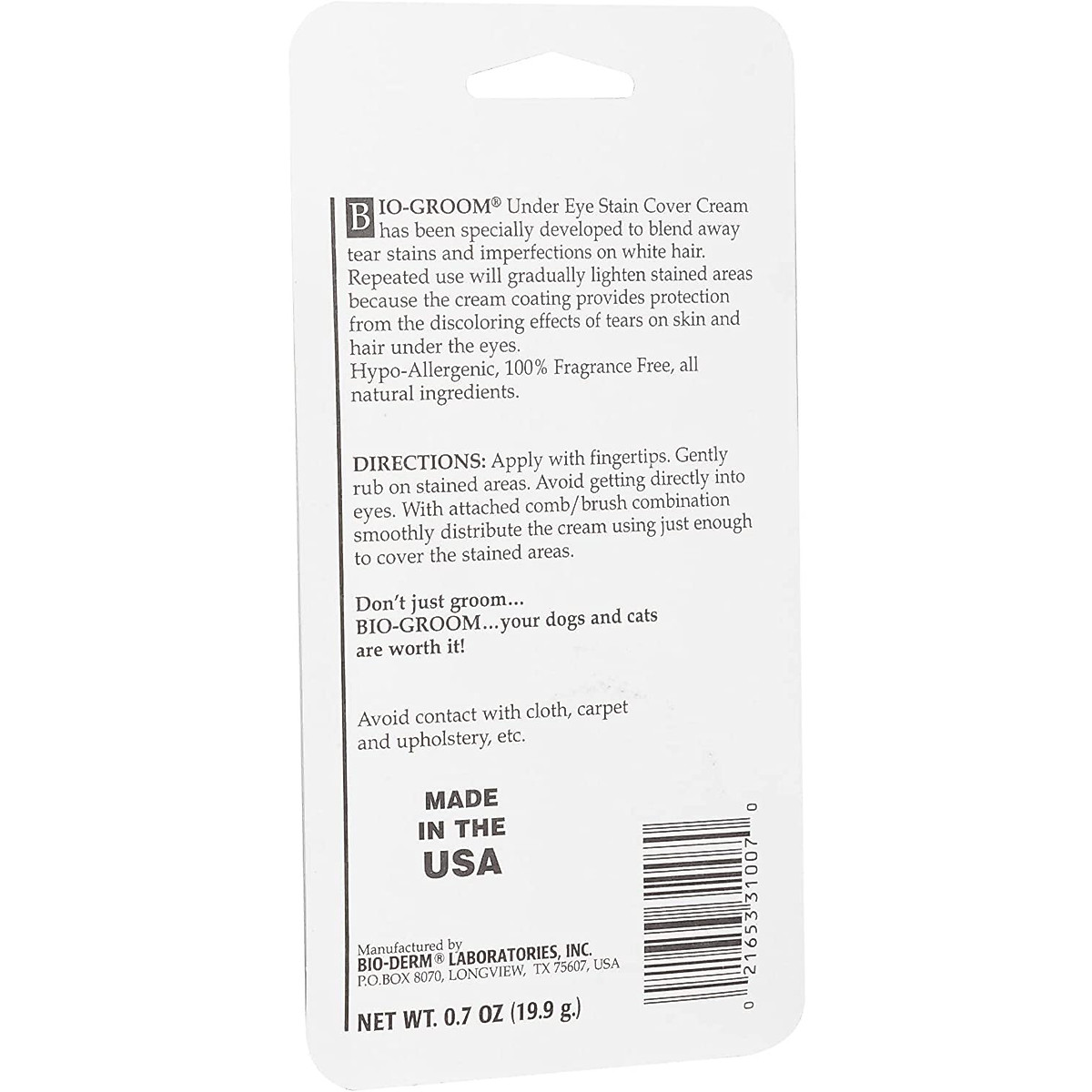 Bio-Groom Stain-Free Dog Eye Cream - Tear Stain Remover for White Dogs, Natural Eye Wash, Hypo-Allergenic, Cruelty-Free, Made in USA, Gentle Eye Cleaner for Dogs - 0.7 oz 1-Pack