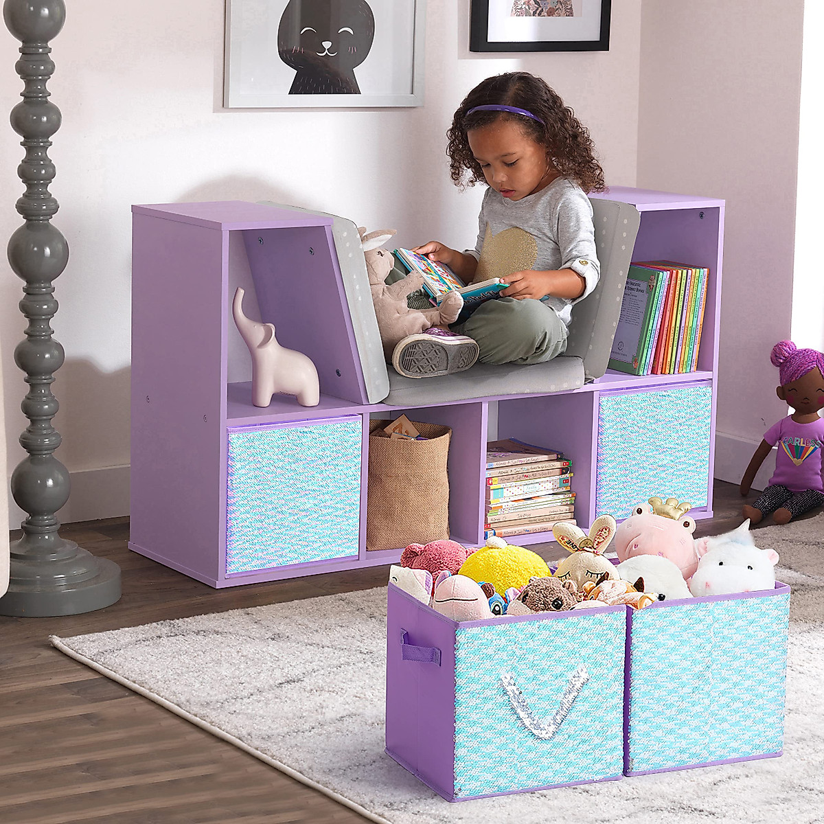 ELUCHANG Foldable Sequin Storage Basket Bin Closet Cubes Kids Toys Organizer Boxes, Collapsible Fabric Cubby Storage Bins for Girls,Organizing,Babies,Nursery,Shelves 11x11x11 (Purple,4PCS)