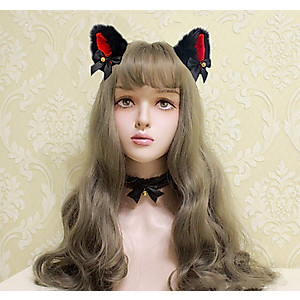 Fxaelian Animal Anime Cute Wolf Bear Cat Dog Ears Headband with Bells Bows Halloween Cosplay Costume Party Hairband Headwear Headpiece Hair Accessories for Women Men Adult Black Red