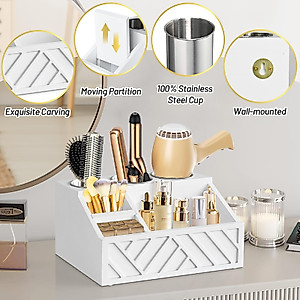 Unistyle Hair Dryer Holder Wall Mounted, Hair Tool Organizer, Bathroom Countertop Organizer for Bathroom Accessories, Wood Bathroom Blow Dryer Holder and Vanity Organizer, Makeup Storage(White)