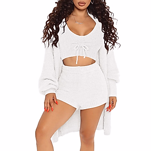 AOHITE Womens Sexy Fuzzy 3 Piece Cardigan Outfits Fleece Warm Crop Top Shorts Pajamas Loungewear Sets White Large