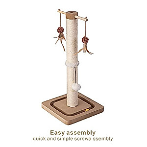 PEEKAB Cat Scratching Post Premium Sisal Toll Scratch Posts with Tracking Interactive Toys Vertical Scratcher for Indoor Cats and Kittens- 25 inches Beige