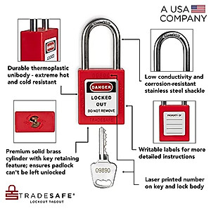 TRADESAFE Lockout Tagout Locks Set - 10 Red Loto Locks, Lockout Locks Keyed Different, 1 Key Per Lock, OSHA Compliant Lock Out Tag Out Padlocks, Safety Padlocks for Electrical Lockout Tag Out Kits