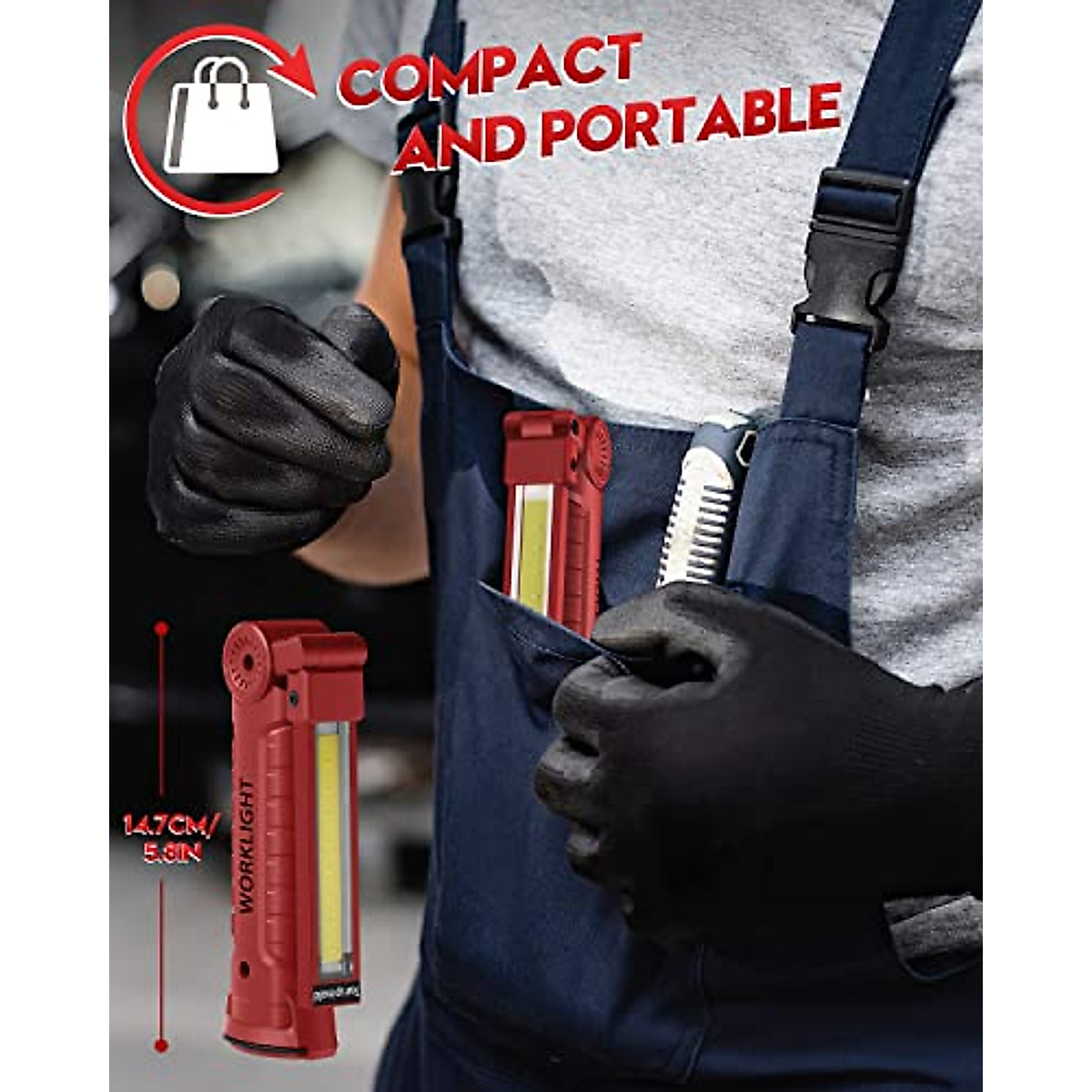 Rechargeable Flashlights, Coquimbo LED Work Lights with Magnetic Base 5 Modes 360° Rotate, Tool Gifts for Men, Dad, Husband, Handyman﻿ (2 Pack, Red)