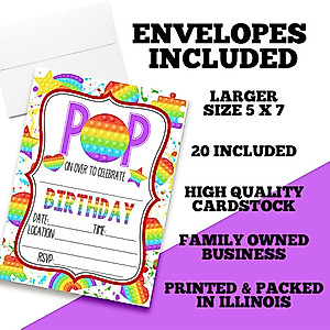 Pop On Over Popper Toy Fidget Themed Birthday Party Invitations for Kids, 20 5x7 Fill In Cards with Twenty White Envelopes by AmandaCreation
