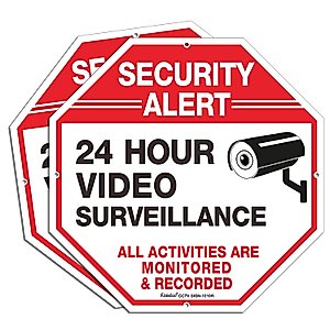 2-Pack Video Surveillance Sign, 10 x 10 Rust Free .040 Aluminum Security Warning Reflective Metal Signs, Indoor or Outdoor Use for Home Business CCTV Security Camera, UV Protected & Waterproof,Red