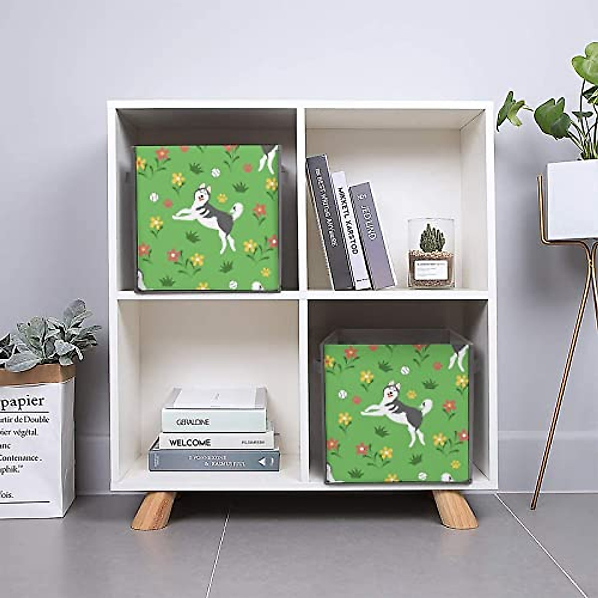 Siberian Husky On The Grass Canvas Collapsible Storage Bins Cube Organizer Baskets with Handles for Home Office Car