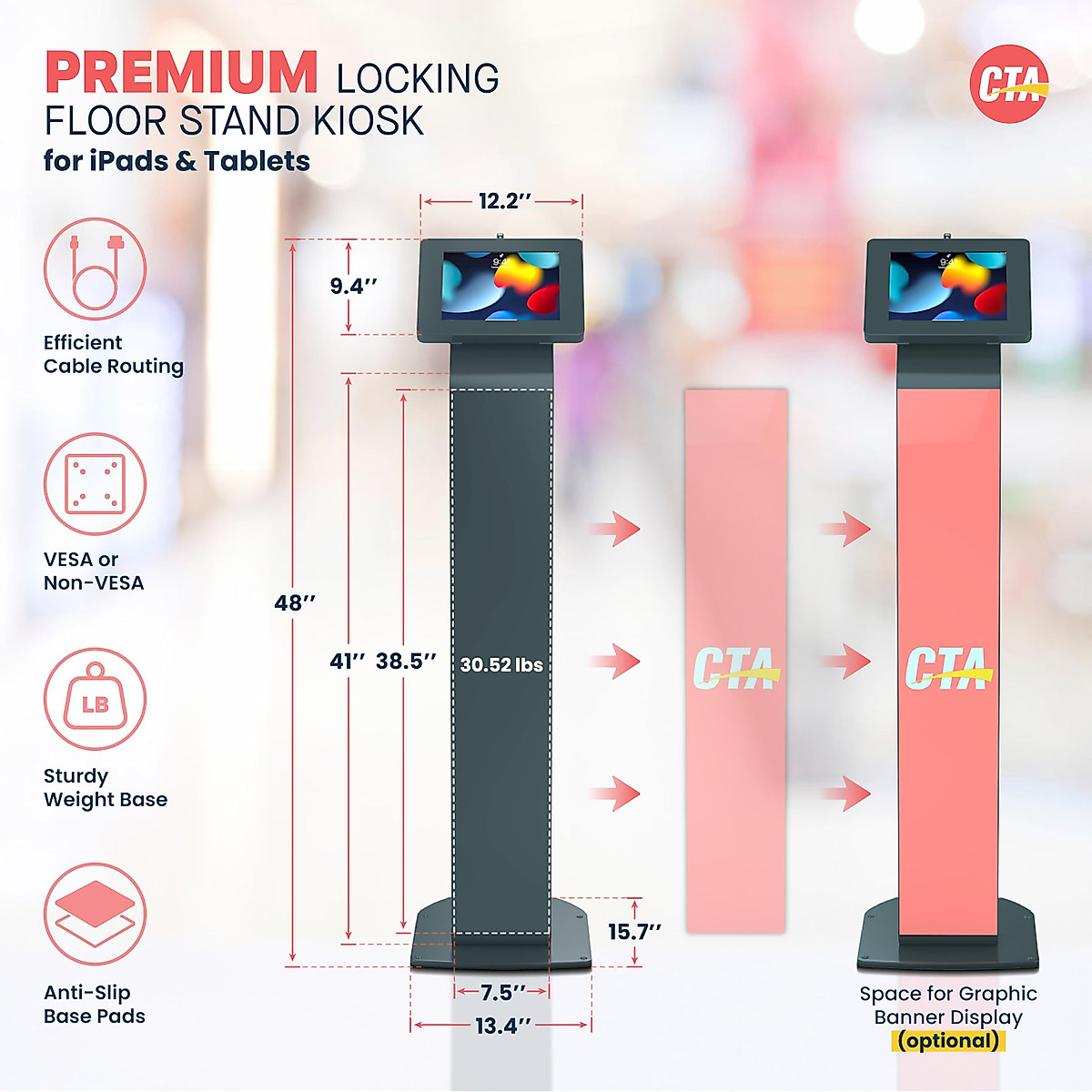 Premium Kiosk Floor Stand - CTA Locking Floor Stand Kiosk - IPad 10th Gen 10.9-Inch - IPad 7/8/9 Gen 10.2-Inch - IPad Pro 11" - IPad 5/6 Gen - Surface Go - Galaxy Tab S5E & More - Black (PAD-PARAF)