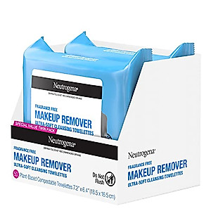 Neutrogena Makeup Remover Cleansing Face Wipes, Daily Cleansing Facial Towelettes to Remove Waterproof Makeup and Mascara, Alcohol-Free, Value Twin Pack, 25 Count, 2 Pack