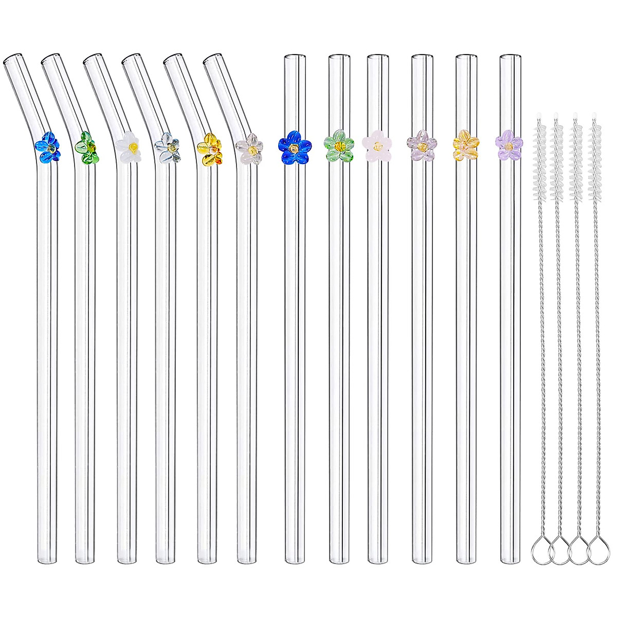 Reusable Glass Straw with Flower,Shatter Resistant Bend Glass Straws with Design Flower Decorative Cocktails Bar Accessories with Cleaning Brush (16)