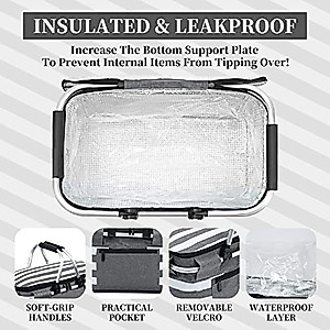 KEFOMOL Insulated Picnic Basket,Leak-Proof Collapsible Cooler Bag,26L Grocery Basket with Lid,2 Sturdy Handles,Storage Basket for Picnic,Food Delivery,Take Outs,Market Shopping,Travel (Gray)