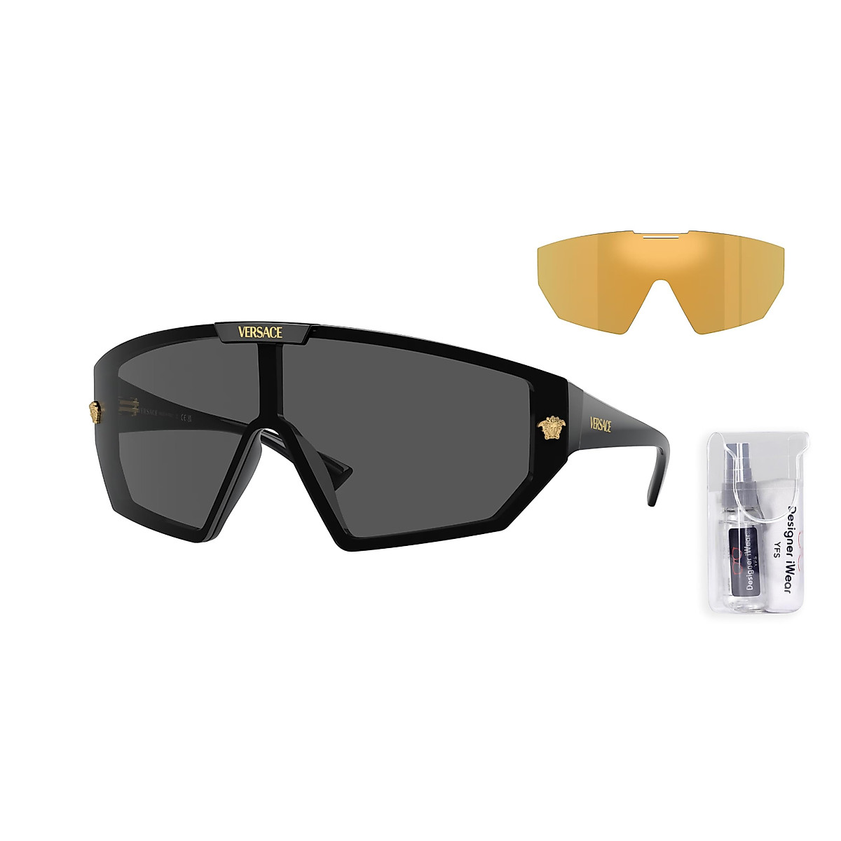 Versace VE4461 GB1/87 47MM Black/Dark Grey/Mirror Gold Shield Sunglasses for Men for Women + BUNDLE With Designer iWear Complimentary Eyewear Kit